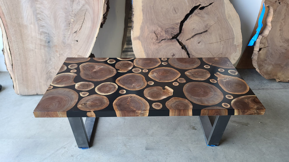 Black Walnut Wooden Branch Rounds and Solid Black Epoxy Coffee Table ...